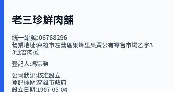 老三珍鮮肉舖的照片-統編 06768296(高雄市) 公司登記資料與營業項目詳細圖表