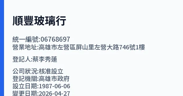 順豐玻璃行的照片-統編 06768697(高雄市) 公司登記資料與營業項目詳細圖表