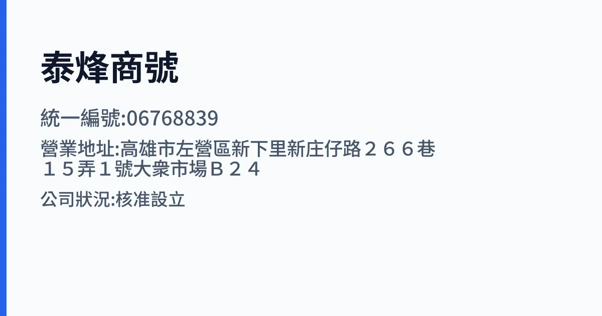 泰烽商號 - 統編 06768839(高雄市) 公司登記資料與營業項目詳細圖表