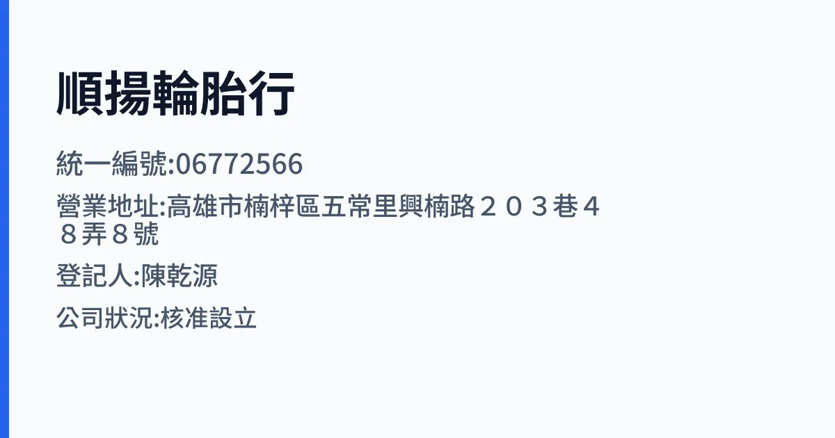 順揚輪胎行 - 統編 06772566(高雄市) 公司登記資料與營業項目詳細圖表