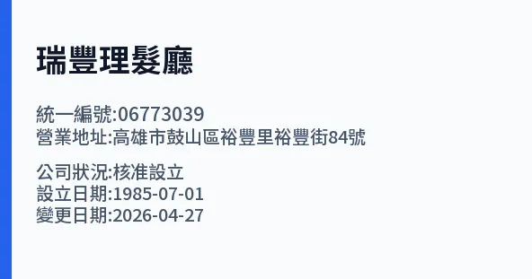 瑞豐理髮廳的照片-統編 06773039(高雄市) 公司登記資料與營業項目詳細圖表