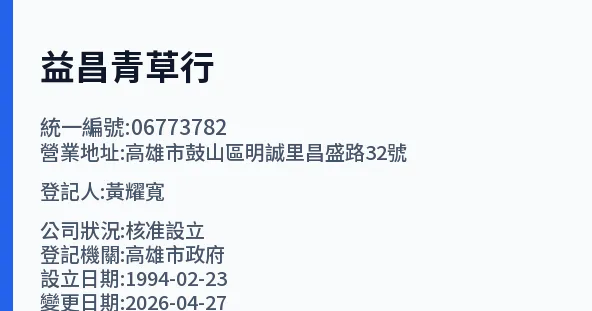 益昌青草行的照片-統編 06773782(高雄市) 公司登記資料與營業項目詳細圖表
