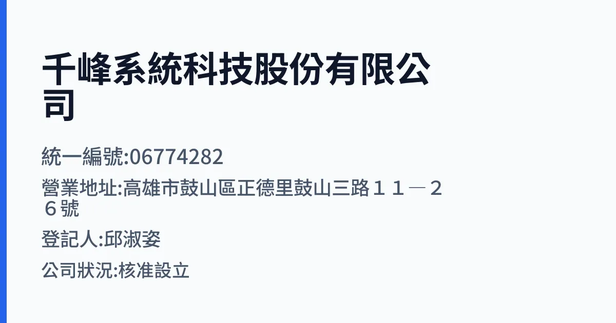 千峰系統科技股份有限公司 - 統編 06774282(高雄市) 公司登記資料與營業項目詳細圖表