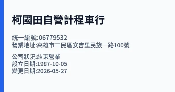 柯國田自營計程車行的照片-統編 06779532(高雄市) 公司登記資料與營業項目詳細圖表
