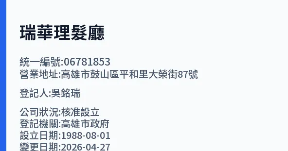 瑞華理髮廳的照片-統編 06781853(高雄市) 公司登記資料與營業項目詳細圖表