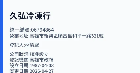 久弘冷凍行的照片-統編 06794864(高雄市) 公司登記資料與營業項目詳細圖表