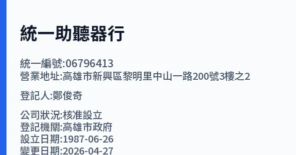 統一助聽器行的照片-統編 06796413(高雄市) 公司登記資料與營業項目詳細圖表