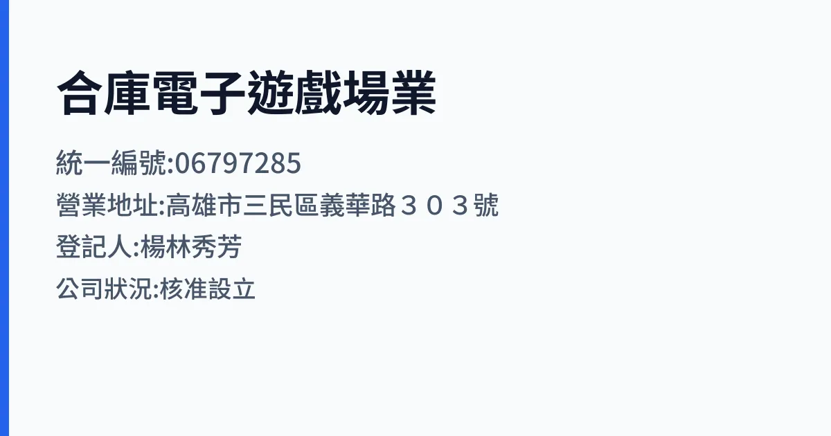 合庫電子遊戲場業 - 統編 06797285(高雄市) 公司登記資料與營業項目詳細圖表