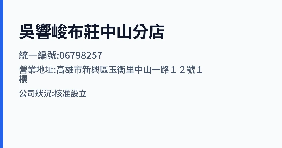 吳響峻布莊中山分店 - 統編 06798257(高雄市) 公司登記資料與營業項目詳細圖表