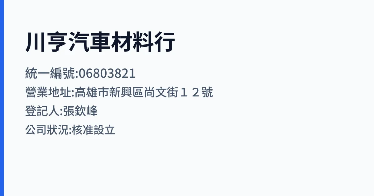 川亨汽車材料行 - 統編 06803821(高雄市) 公司登記資料與營業項目詳細圖表