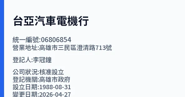 台亞汽車電機行的照片-統編 06806854(高雄市) 公司登記資料與營業項目詳細圖表