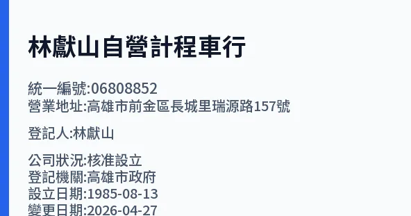 林獻山自營計程車行的照片-統編 06808852(高雄市) 公司登記資料與營業項目詳細圖表