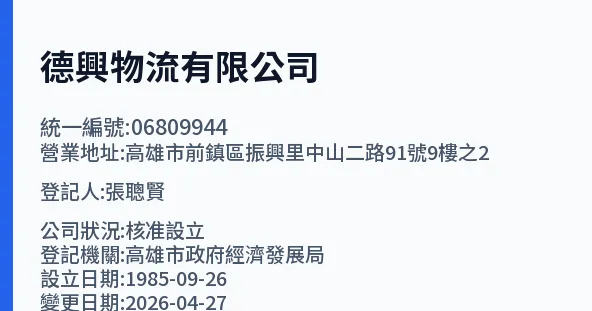 德興物流有限公司的照片-統編 06809944(高雄市) 公司登記資料與營業項目詳細圖表
