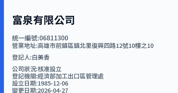 富泉有限公司的照片-統編 06811300(高雄市) 公司登記資料與營業項目詳細圖表