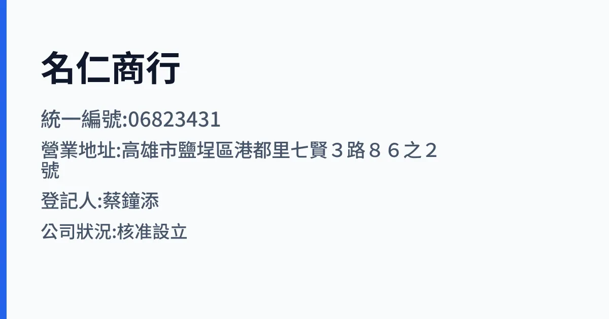 名仁商行 - 統編 06823431(高雄市) 公司登記資料與營業項目詳細圖表