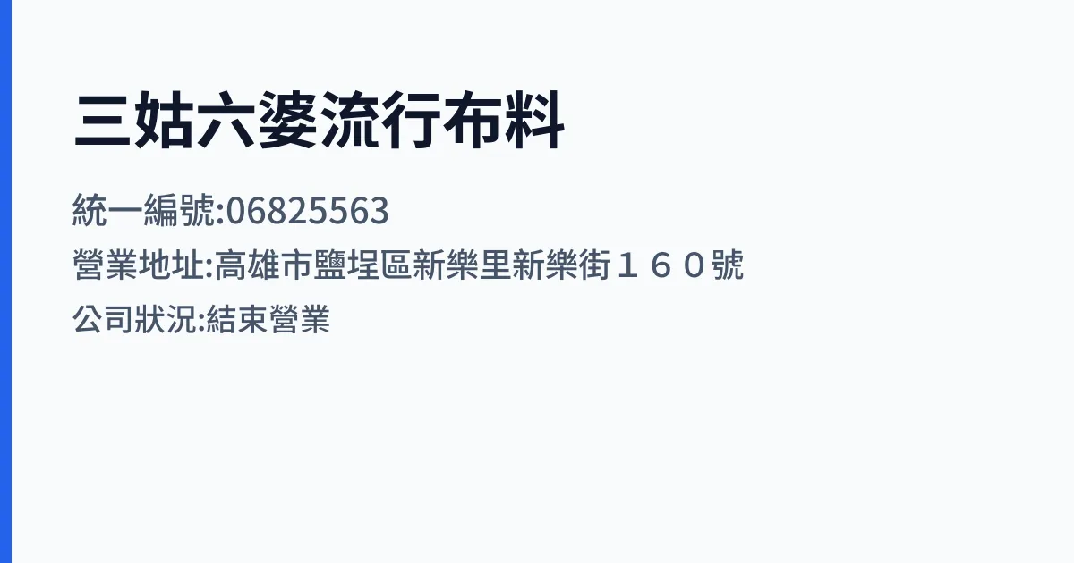 三姑六婆流行布料 - 統編 06825563(高雄市) 公司登記資料與營業項目詳細圖表