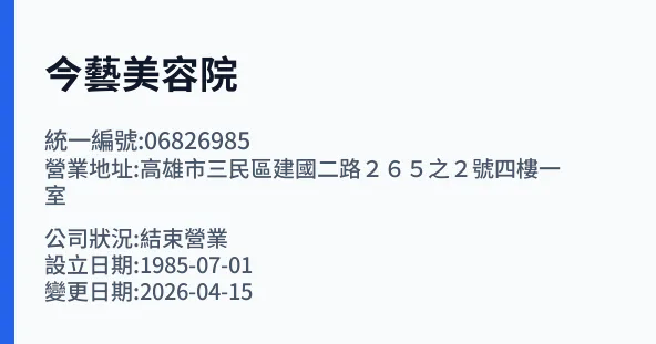 今藝美容院的照片-統編 06826985(高雄市) 公司登記資料與營業項目詳細圖表