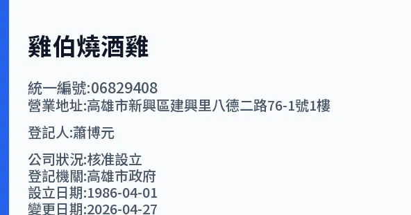 雞伯燒酒雞的照片-統編 06829408(高雄市) 公司登記資料與營業項目詳細圖表