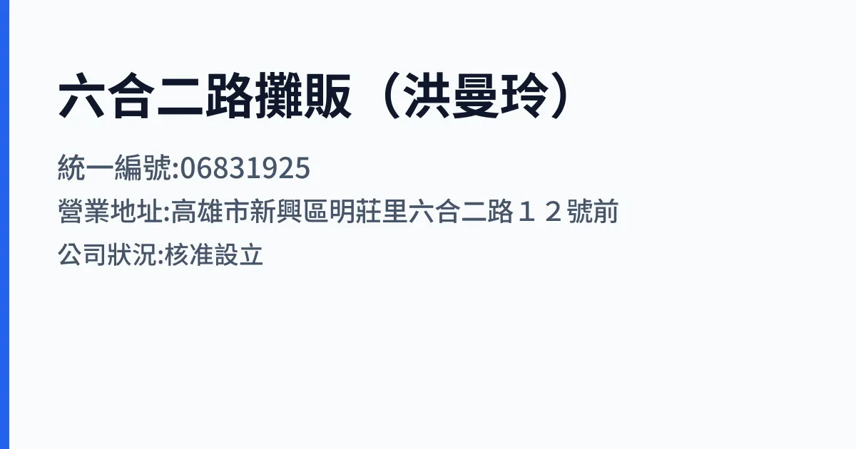 六合二路攤販（洪曼玲） - 統編 06831925(高雄市) 公司登記資料與營業項目詳細圖表