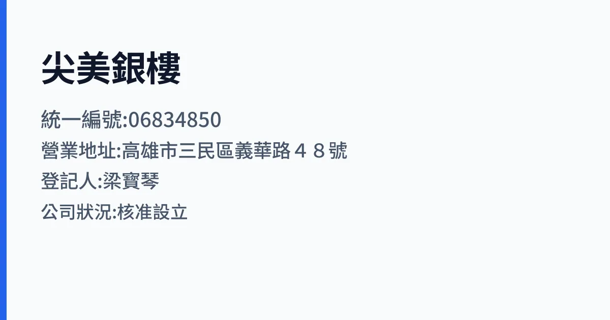 尖美銀樓 - 統編 06834850(高雄市) 公司登記資料與營業項目詳細圖表