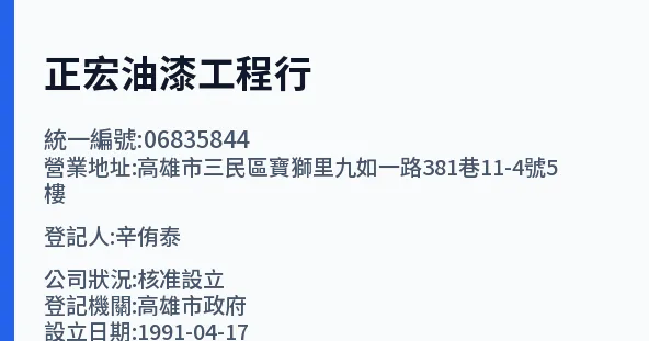 正宏油漆工程行的照片-統編 06835844(高雄市) 公司登記資料與營業項目詳細圖表