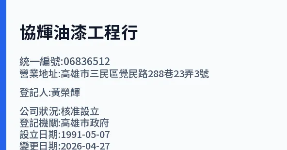 協輝油漆工程行的照片-統編 06836512(高雄市) 公司登記資料與營業項目詳細圖表