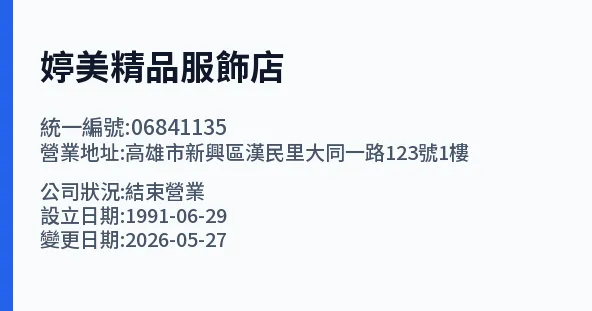 婷美精品服飾店的照片-統編 06841135(高雄市) 公司登記資料與營業項目詳細圖表