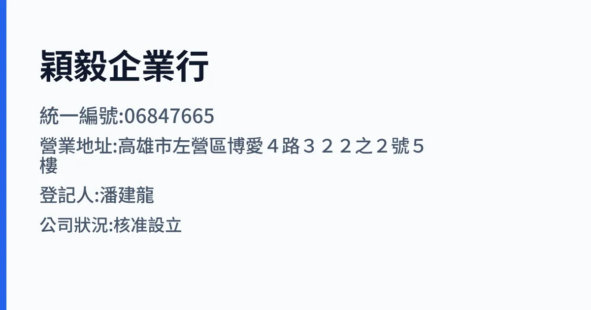 穎毅企業行 - 統編 06847665(高雄市) 公司登記資料與營業項目詳細圖表
