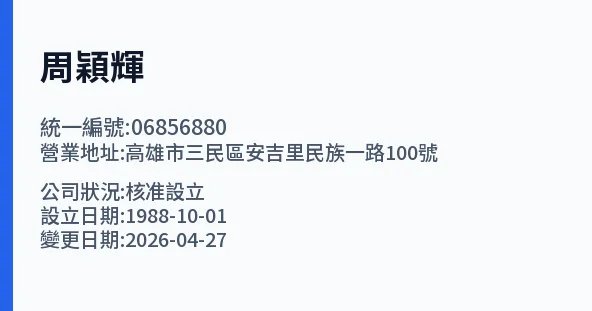 周穎輝的照片-統編 06856880(高雄市) 公司登記資料與營業項目詳細圖表