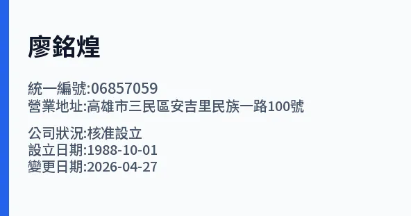 廖銘煌的照片-統編 06857059(高雄市) 公司登記資料與營業項目詳細圖表