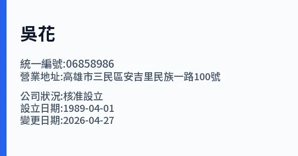 吳花的照片-統編 06858986(高雄市) 公司登記資料與營業項目詳細圖表