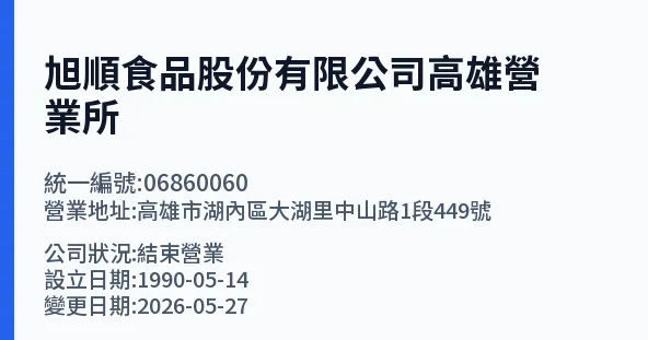 旭順食品股份有限公司高雄營業所的照片-統編 06860060(高雄市) 公司登記資料與營業項目詳細圖表