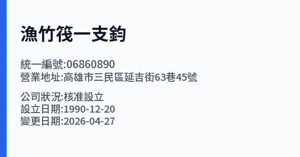漁竹筏一支鈞的照片-統編 06860890(高雄市) 公司登記資料與營業項目詳細圖表