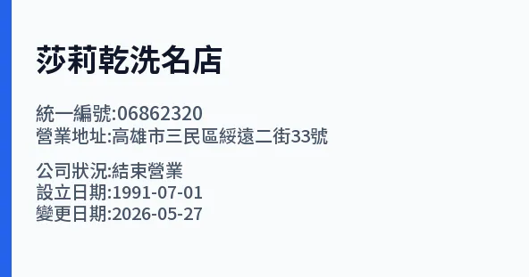 莎莉乾洗名店的照片-統編 06862320(高雄市) 公司登記資料與營業項目詳細圖表