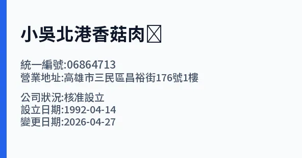 小吳北港香菇肉焿的照片-統編 06864713(高雄市) 公司登記資料與營業項目詳細圖表
