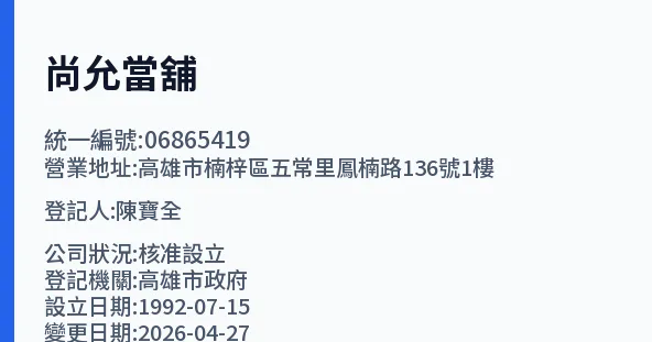 尚允當舖的照片-統編 06865419(高雄市) 公司登記資料與營業項目詳細圖表