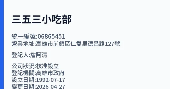 三五三小吃部的照片-統編 06865451(高雄市) 公司登記資料與營業項目詳細圖表