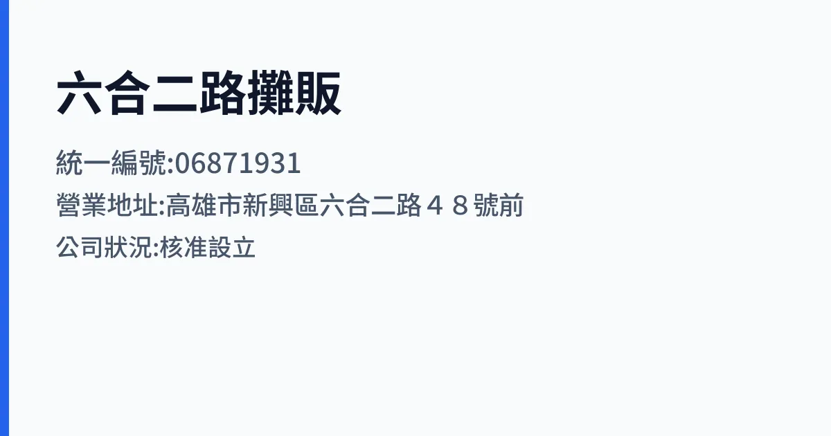 六合二路攤販 - 統編 06871931(高雄市) 公司登記資料與營業項目詳細圖表
