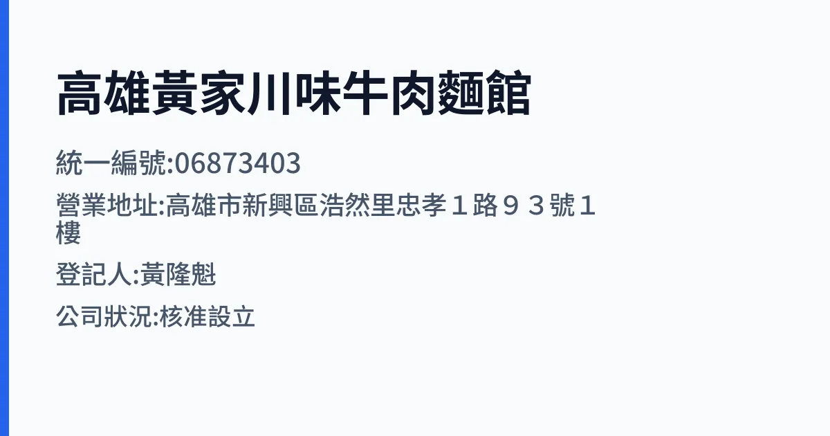 高雄黃家川味牛肉麵館 - 統編 06873403(高雄市) 公司登記資料與營業項目詳細圖表
