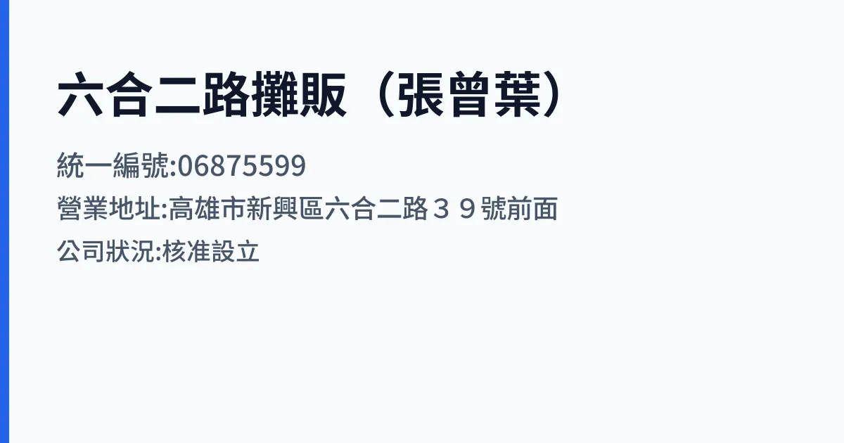 六合二路攤販（張曾葉） - 統編 06875599(高雄市) 公司登記資料與營業項目詳細圖表
