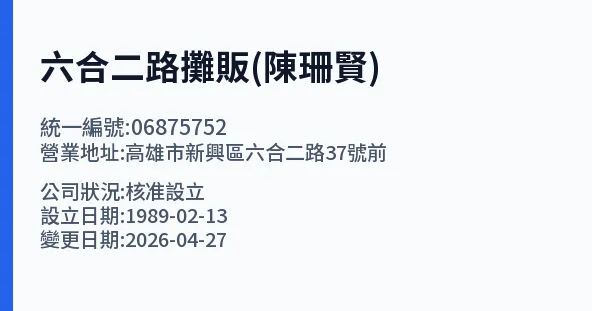 六合二路攤販(陳珊賢)的照片-統編 06875752(高雄市) 公司登記資料與營業項目詳細圖表