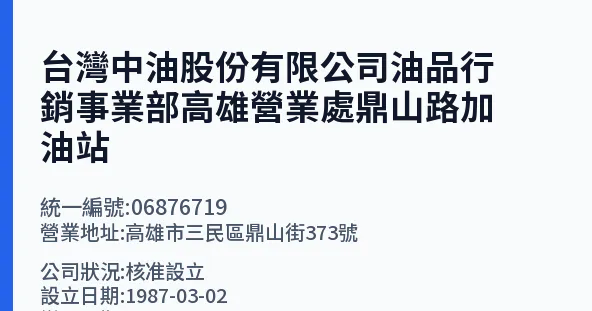 台灣中油股份有限公司油品行銷事業部高雄營業處鼎山路加油站的照片-統編 06876719(高雄市) 公司登記資料與營業項目詳細圖表