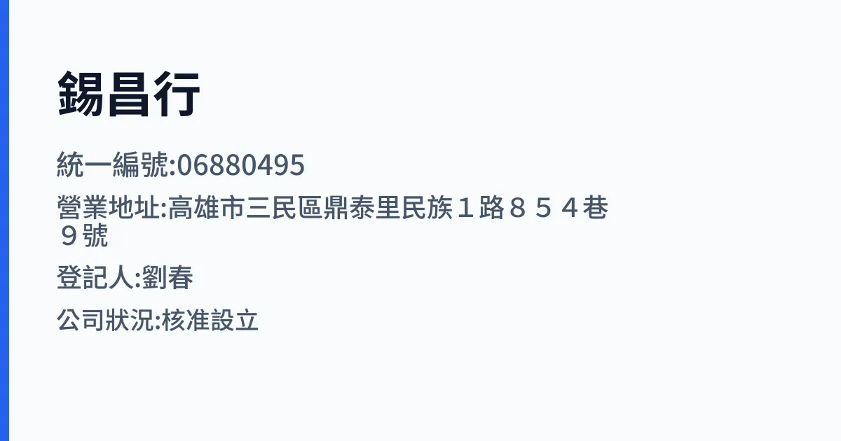 錫昌行 - 統編 06880495(高雄市) 公司登記資料與營業項目詳細圖表