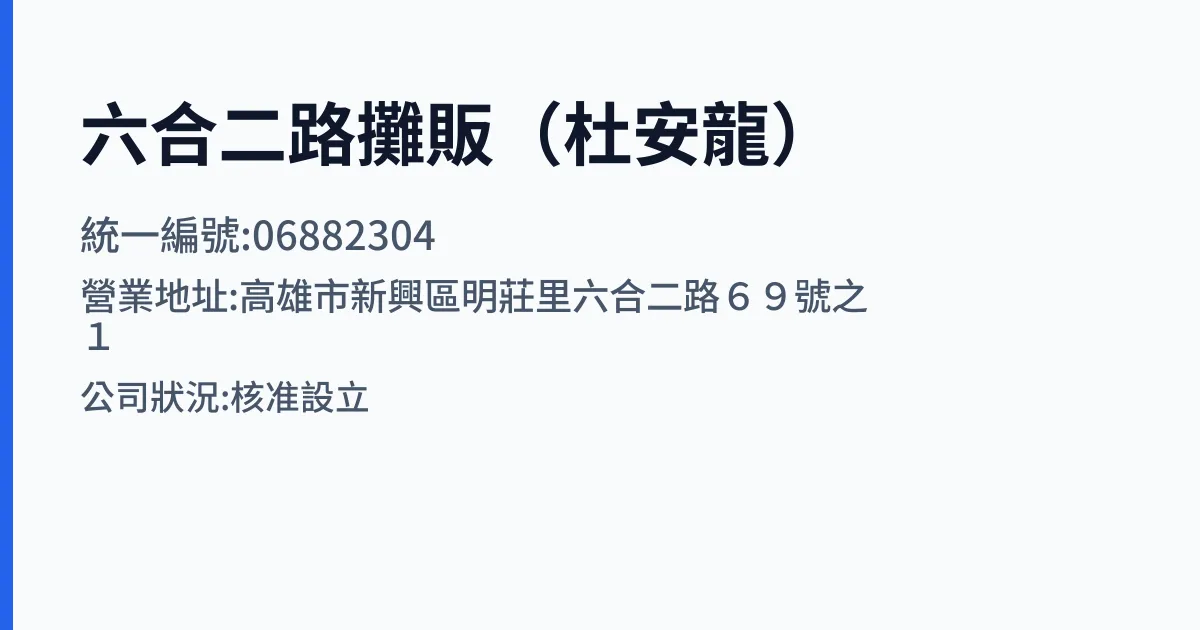 六合二路攤販（杜安龍） - 統編 06882304(高雄市) 公司登記資料與營業項目詳細圖表