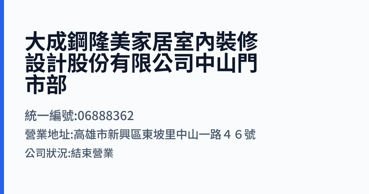 大成鋼隆美家居室內裝修設計股份有限公司中山門市部 - 統編 06888362(高雄市) 公司登記資料與營業項目詳細圖表