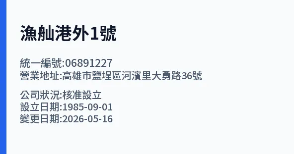 漁舢港外1號的照片-統編 06891227(高雄市) 公司登記資料與營業項目詳細圖表