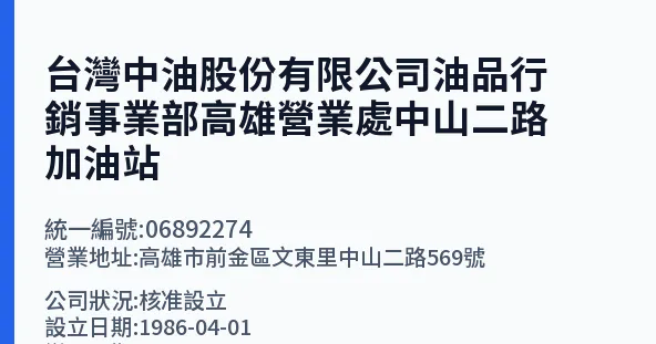 台灣中油股份有限公司油品行銷事業部高雄營業處中山二路加油站的照片-統編 06892274(高雄市) 公司登記資料與營業項目詳細圖表