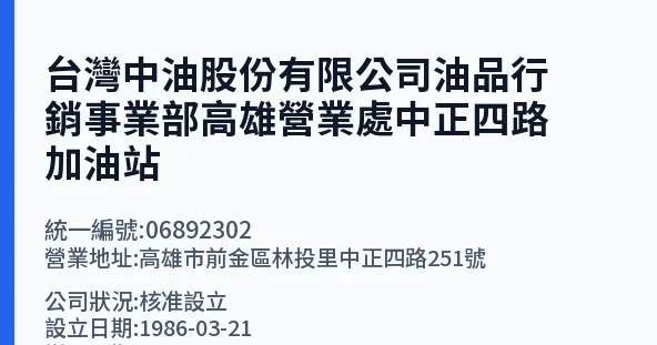 台灣中油股份有限公司油品行銷事業部高雄營業處中正四路加油站的照片-統編 06892302(高雄市) 公司登記資料與營業項目詳細圖表
