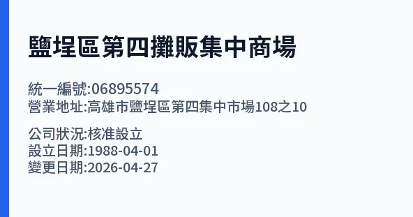 鹽埕區第四攤販集中商場的照片-統編 06895574(高雄市) 公司登記資料與營業項目詳細圖表