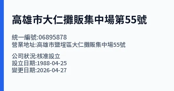 高雄市大仁攤販集中場第55號的照片-統編 06895878(高雄市) 公司登記資料與營業項目詳細圖表